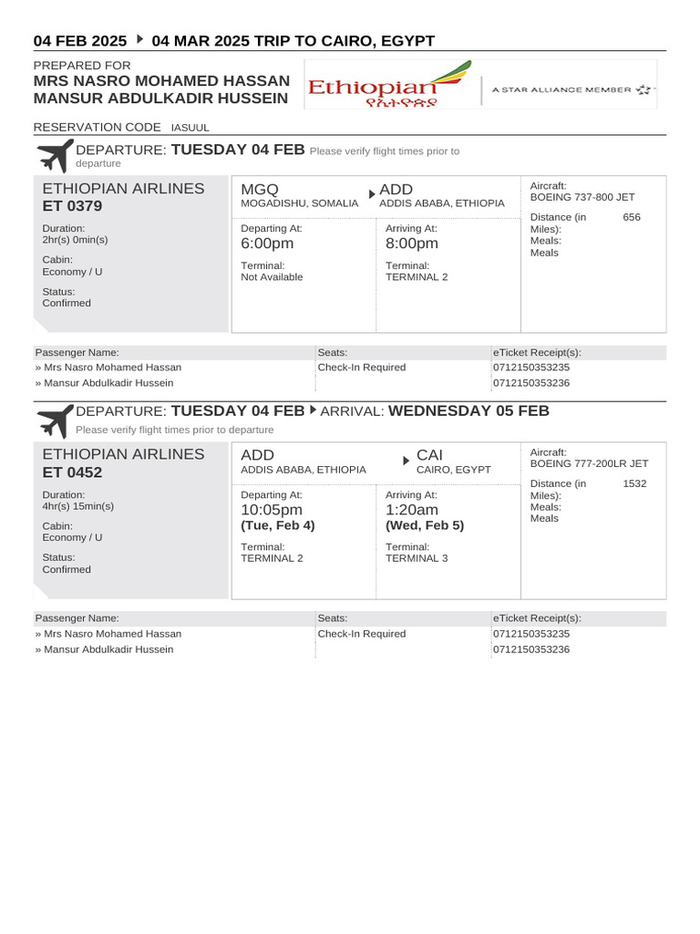 Travel Reservation February 04 For MRS NASRO MOHAMED HASSAN | PDF ...
