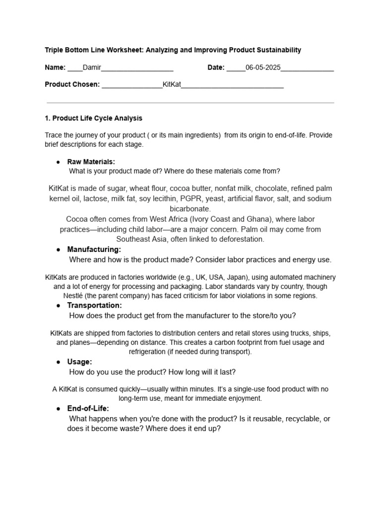 Triple Bottom Line Worksheet - Analyzing and Improving Product ...