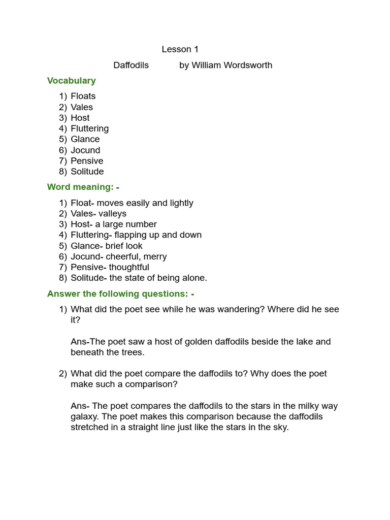 Daffodils Notebook Work | PDF