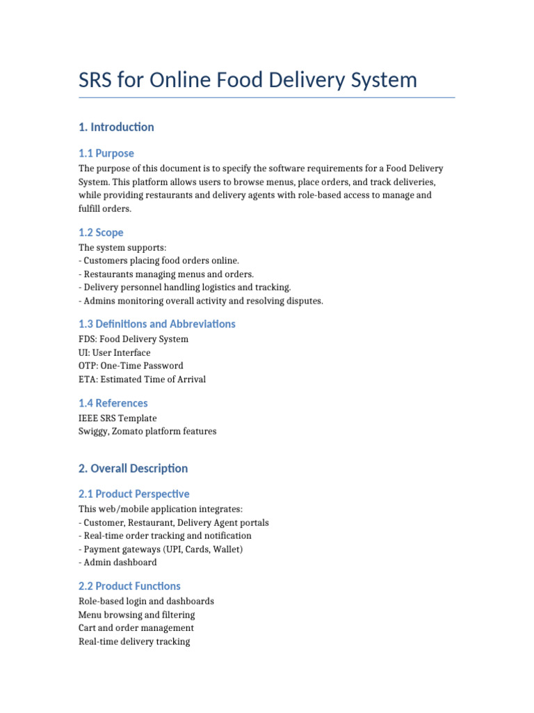 SRS Food Delivery System | PDF