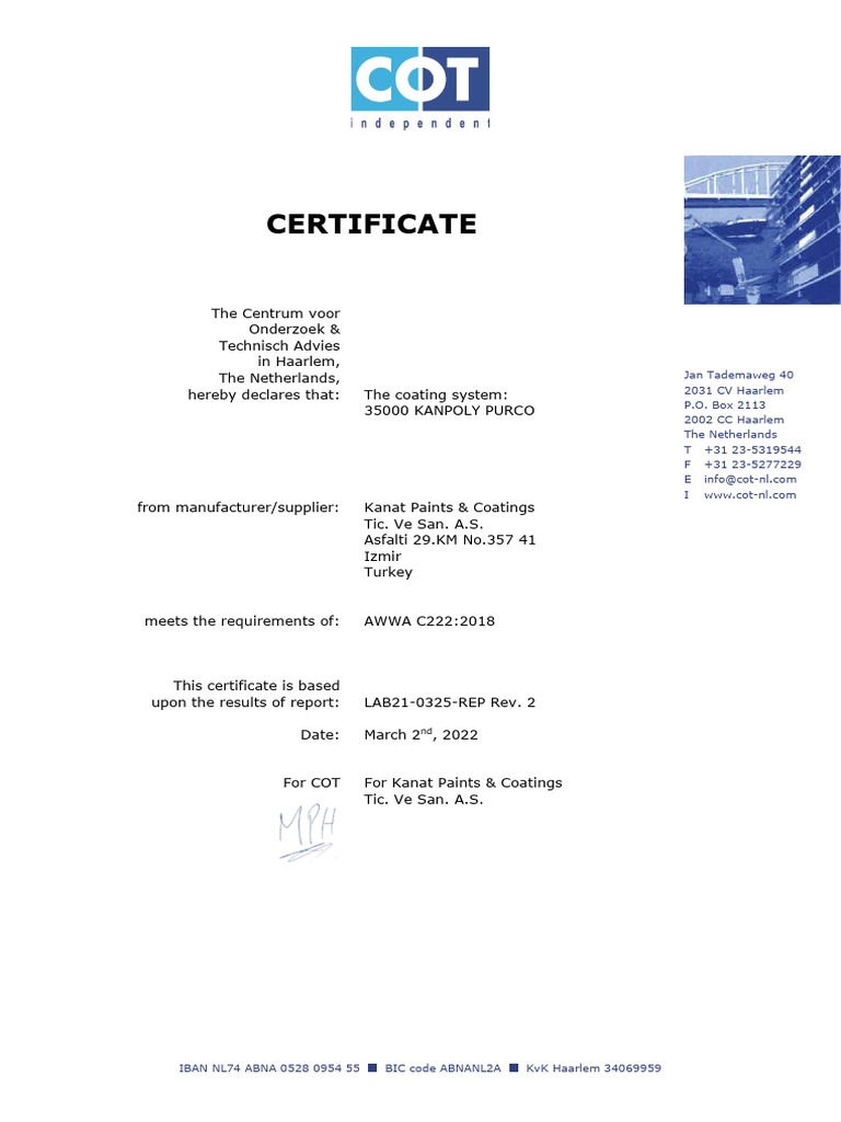 AWWA C222 Certification for Kanat Coatings | PDF