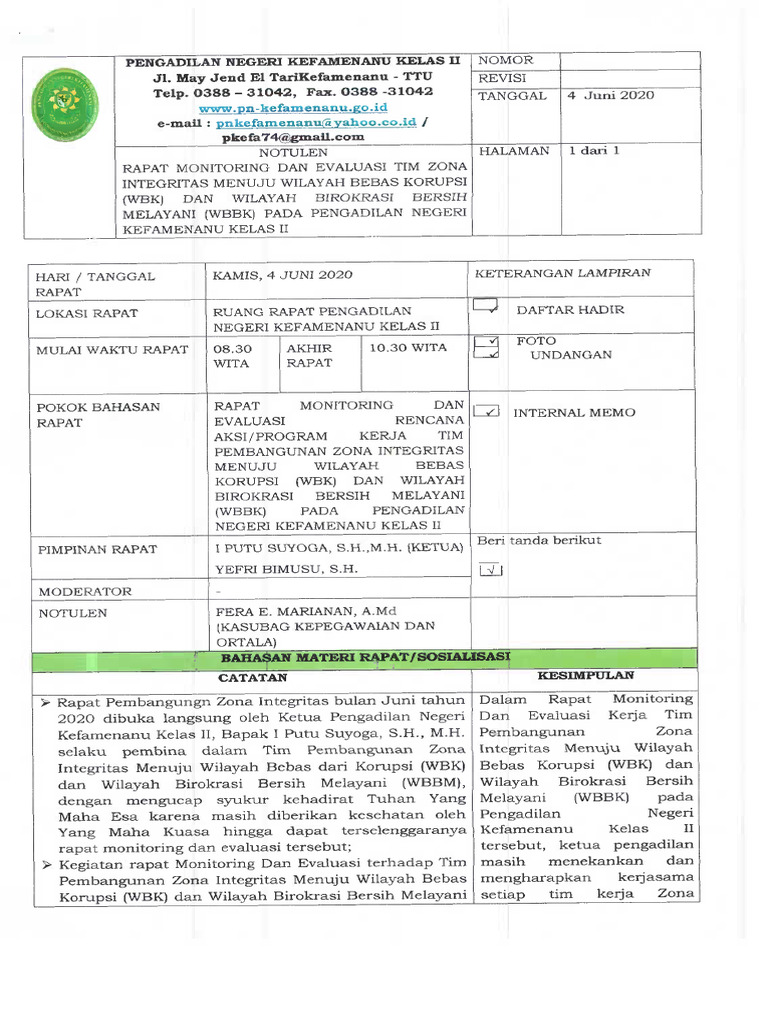 NOTULEN Rapat MONEV Rencana Aksi TIM Pembangunan ZI | PDF