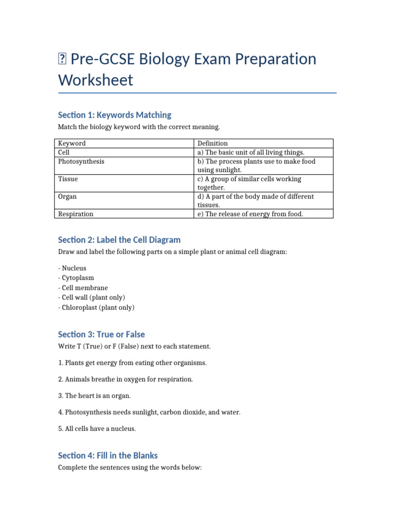 Pre_GCSE_Biology_Exam_Prep_Worksheet | PDF