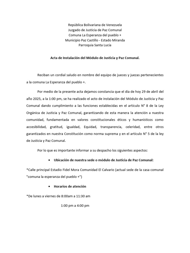 Acta de Instalacion Del Modulo de Justicia y Paz Comunal La Esperanza Del Pueblo+ | PDF | Juez ...