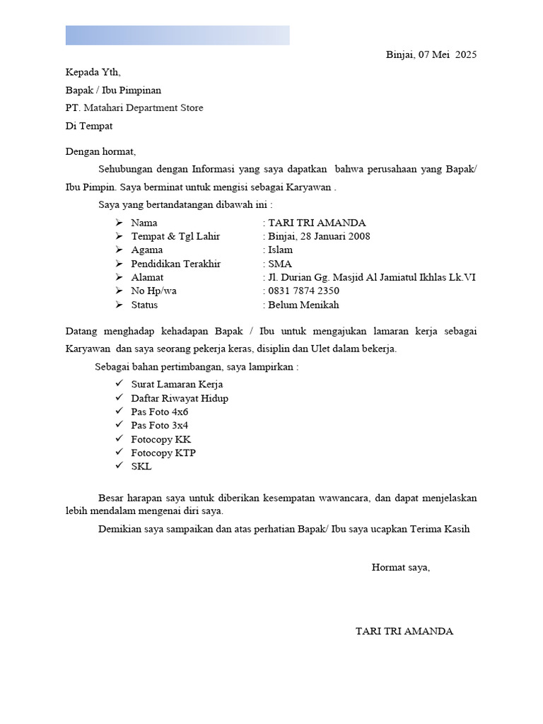 Lamaran Tari Tri Amanda | PDF