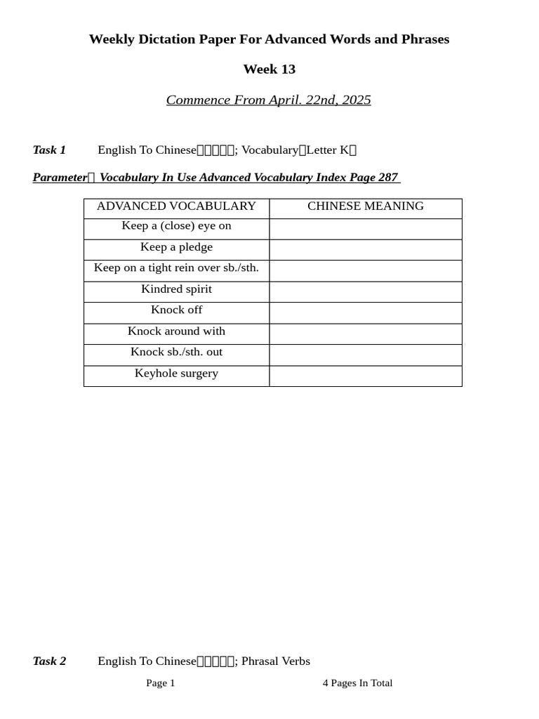(Week 13 From April 22nd) Weekly Dictation Paper For Advanced Words and ...