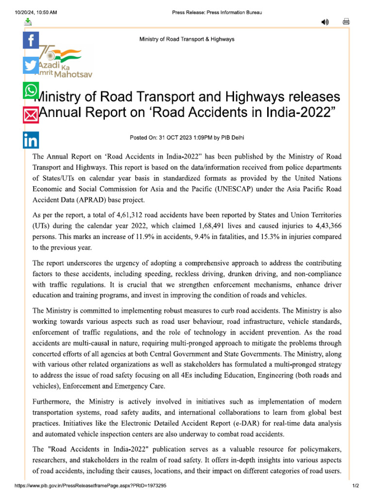 Ministry of Road Transport and Highways Releases Annual Report On Road ...