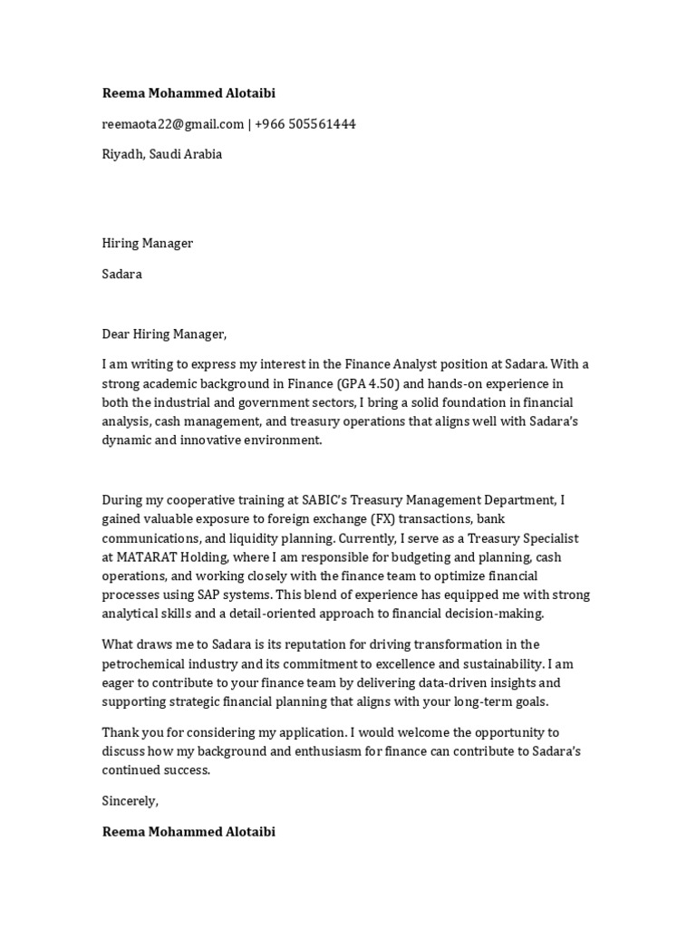 Reema Alotaibi Cover Letter Sadara | PDF