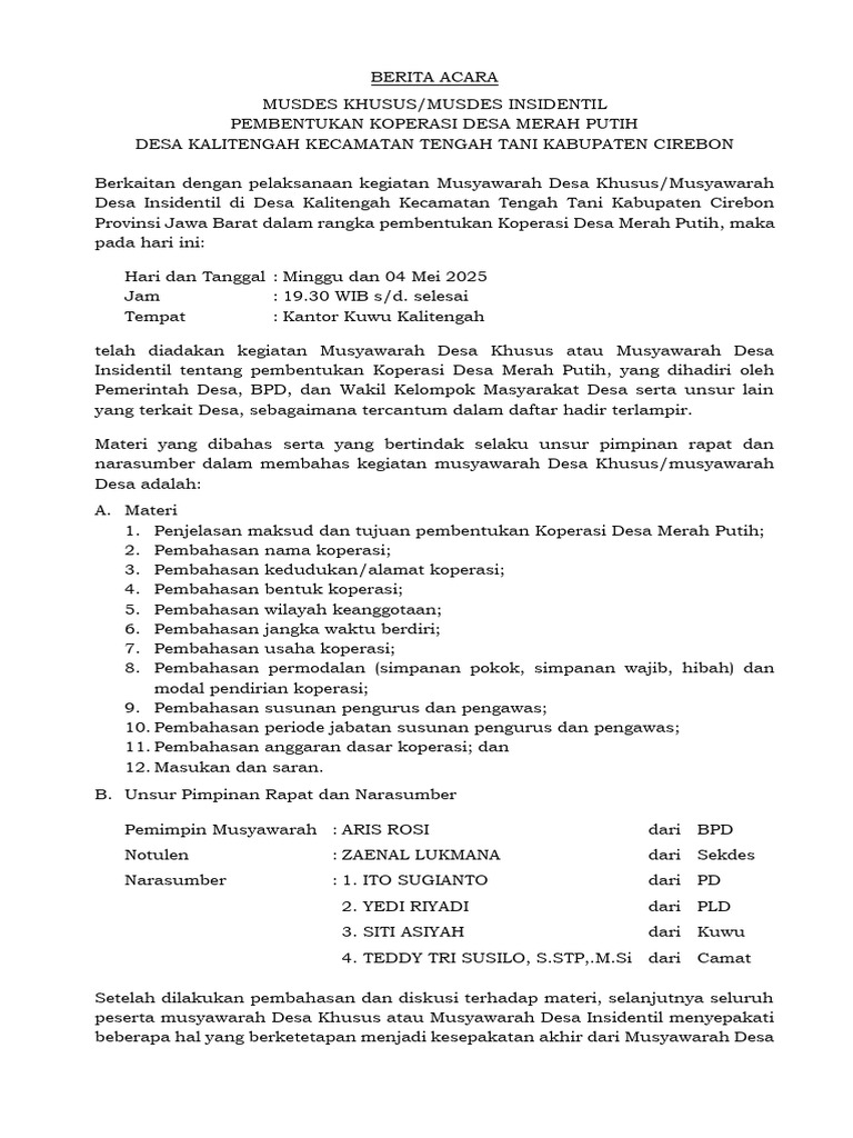 Berita Acara Musdesus Kopdes Merah Putih Kalitengah Kecamatan Tengah Tani Kabupaten Cirebon | PDF