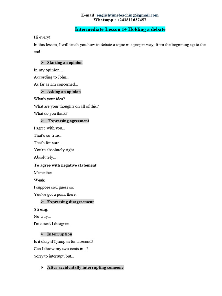 Intermediate Lesson 14 Holding A Debate | PDF