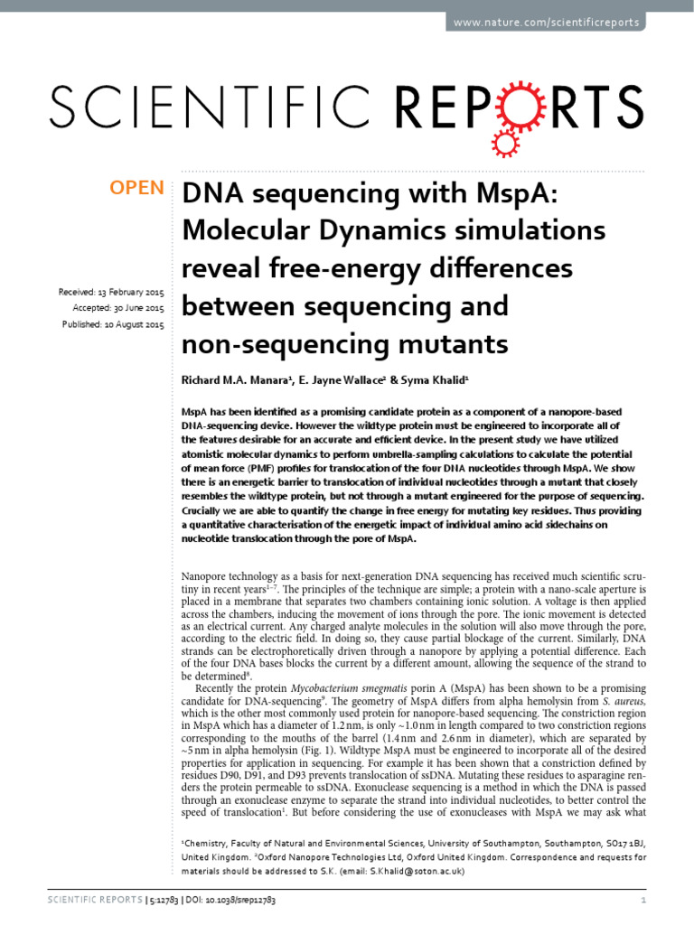 DNA Sequencing With MspA-Molecular Dynamics Simulations | PDF | Nucleotides | Dna Sequencing