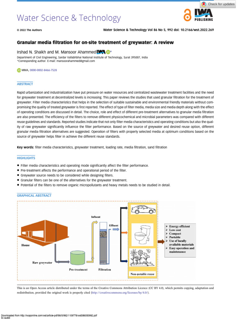 Granular Media Filtration For On-Site Treatment of Greywater-A Review | PDF