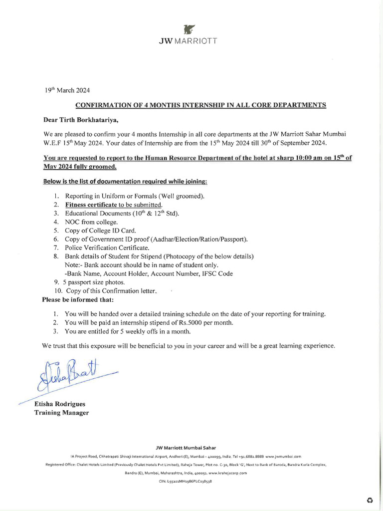 Tirth Borkhatariya - Confirmation Letter | PDF