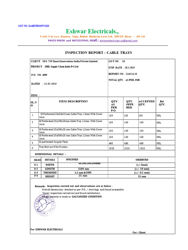 75F Test Certificate 1 For Cable Tray | PDF