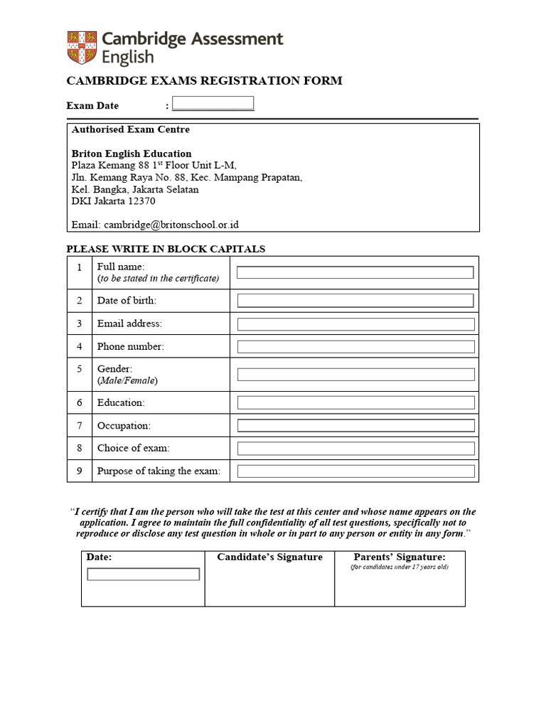 Cambridge Exam Registration Form | PDF