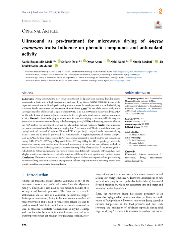 Ultrasound As Pre-Treatment For Microwave Drying of Myrtus | PDF | Ultrasound | Ph