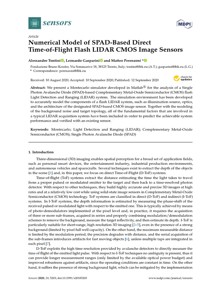 Numerical Model of SPAD-Based DirectLidarSensors s20185203 | PDF | Lidar | Optics