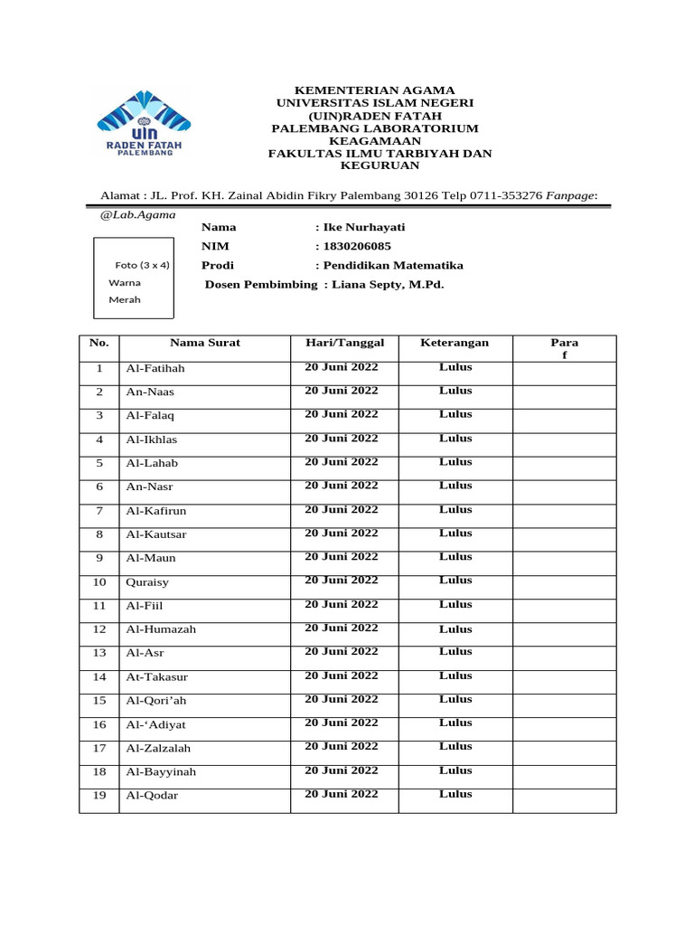 Berkas Ujian Tahfidz | PDF