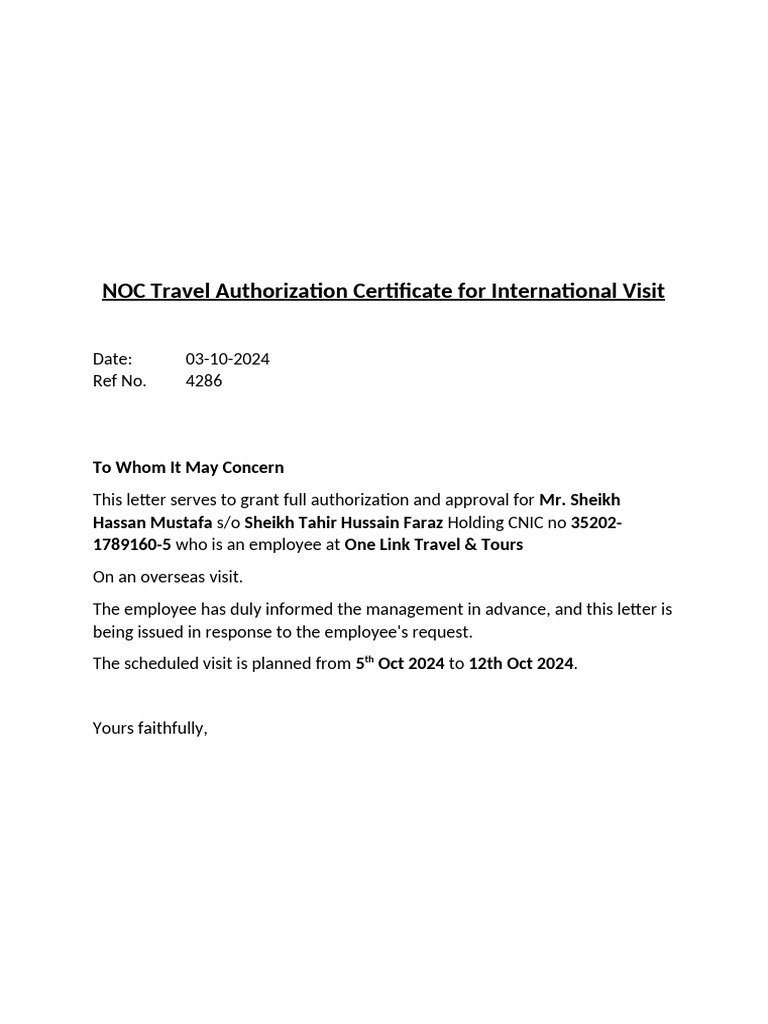 NOC Travel Authorization Certificate For International Visit Objection ...