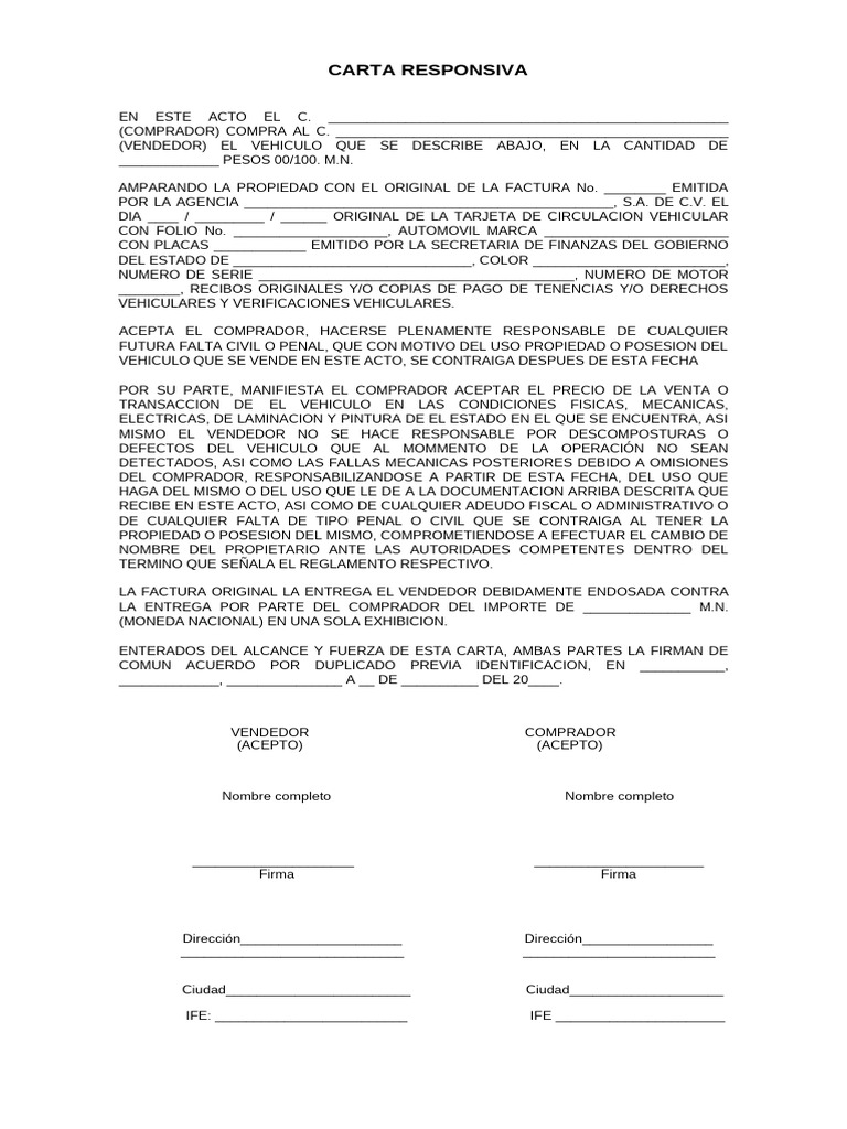Carta Responsiva Auto | PDF