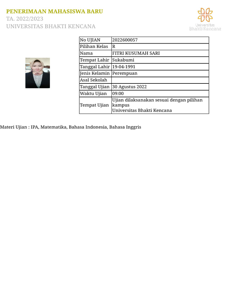 Kartu Ujian PMB | PDF