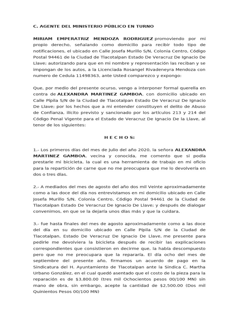 Denuncia Abuso de Confianza Miriam | PDF | Justicia | Crimen y violencia