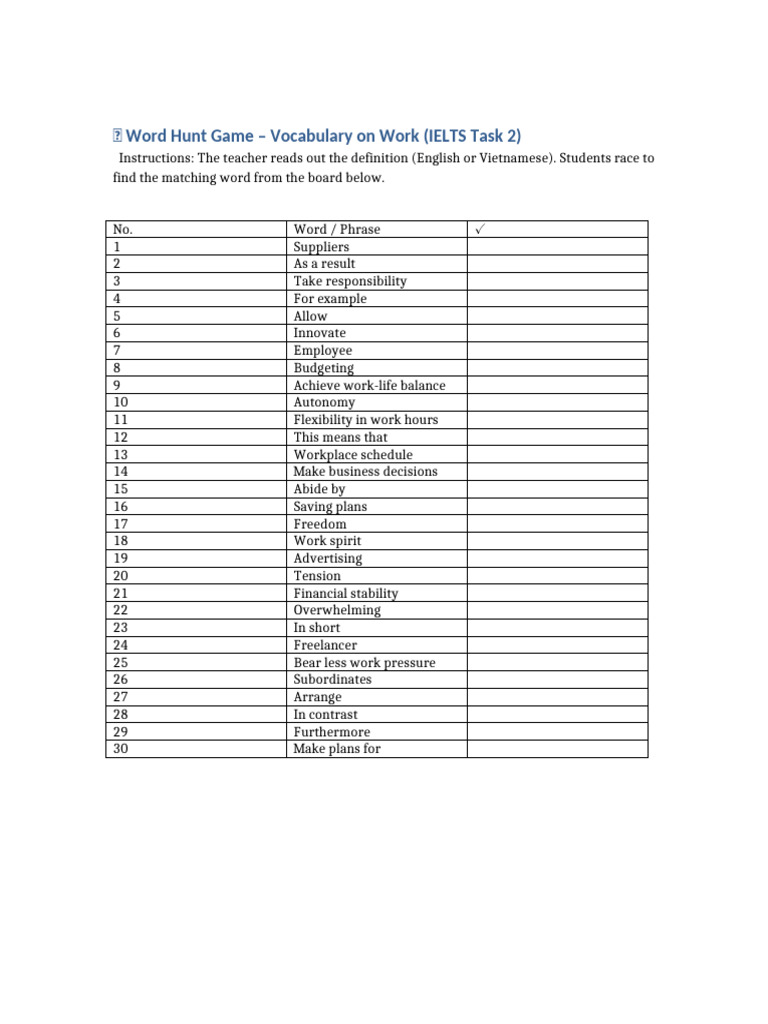 Word Hunt Game Work Vocab | PDF