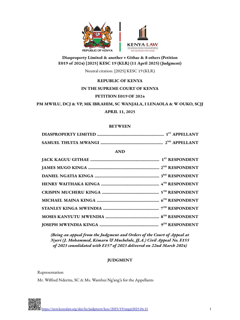 Diasproperty Limited Another V Githae 8 Others (Petition E019of2024) 2025KESC19 (KLR ...