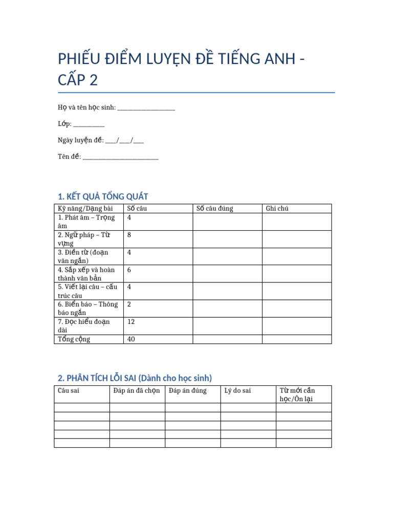 Phieu Diem Luyen de Tieng Anh Cap 2 Co Tieng Viet | PDF