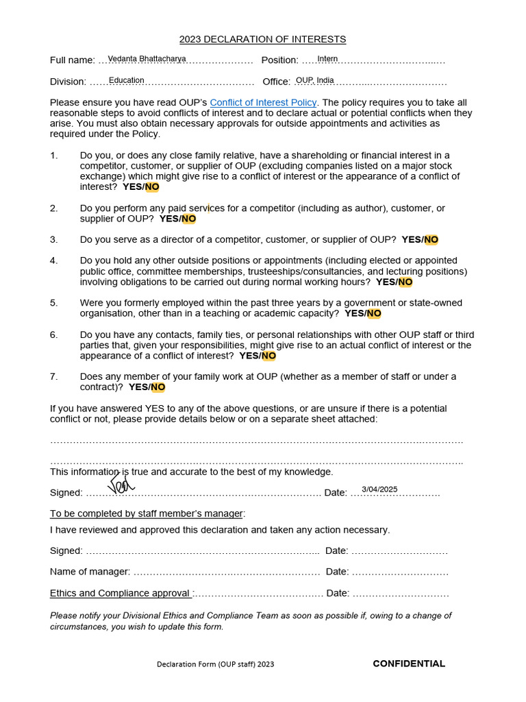 Conflict of Interest Declaration Form OUP Staff 2023 | PDF | Conflict ...