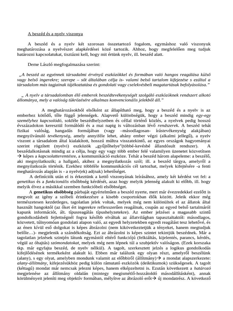 Beszéd, Nyelv Viszonya | PDF