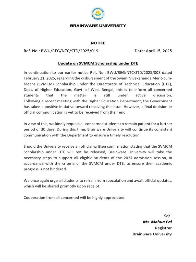 Student Notice 2025 - 04 - 15 - 019 Update On SVMCM Scholarship Under DTE | PDF