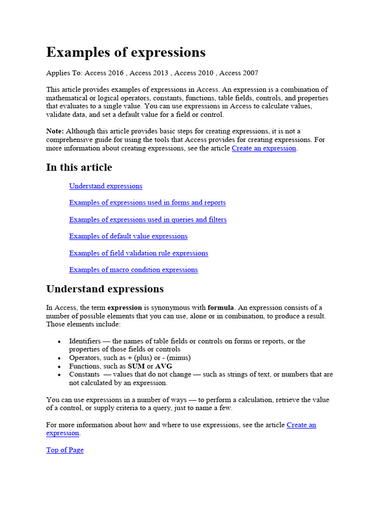 Examples of Expressions ACCESS | PDF | Sql | Computer Programming