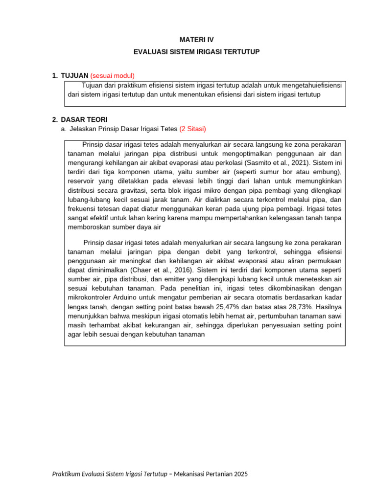 Work Sheet Evaluasi Sistem Irigasi Tertutup | PDF