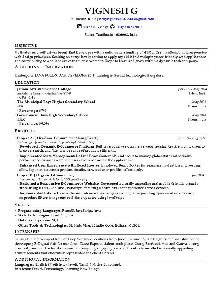 VIGNESH G_BCA_2024_JAVA FULL STACK DEVELOPER | PDF | World Wide Web | Internet & Web