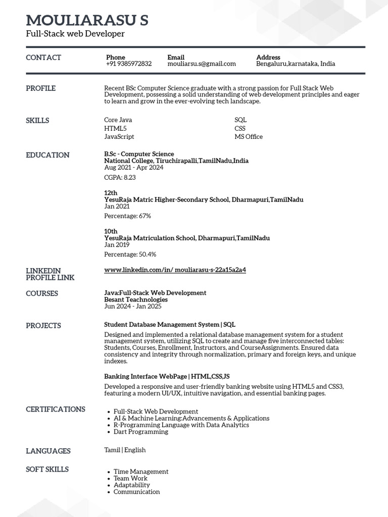 MOULIARASU - S (Full-Stack Web Developer) | PDF | Web Development | World Wide Web