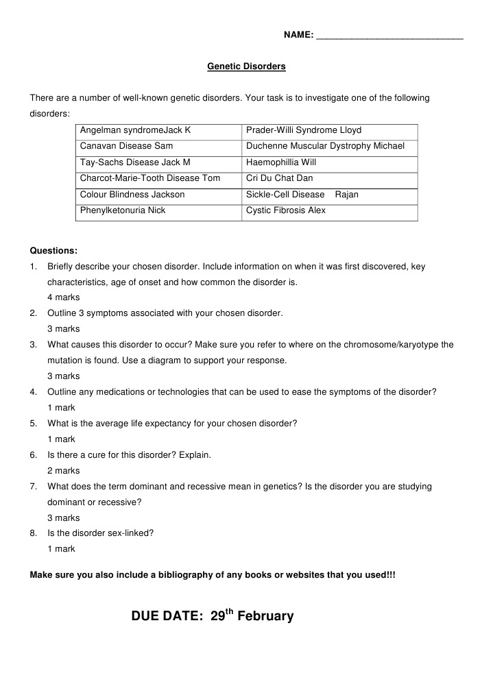 Genetic Disorders Research Guide | PDF