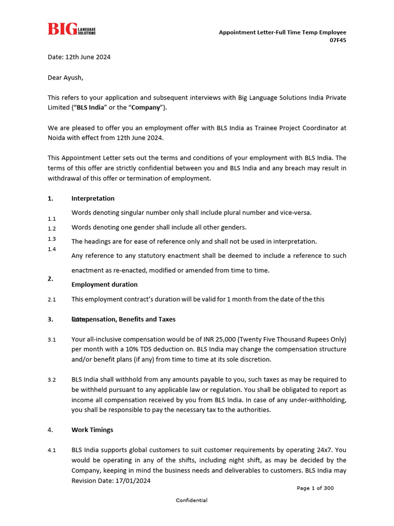 BLS India Appointment Letter 2024 | PDF | Employment | Non Disclosure ...