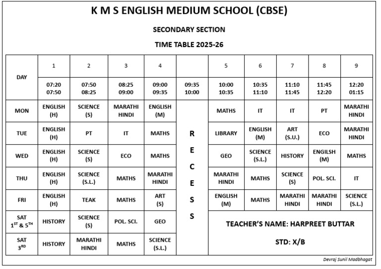 KMS English Medium School Timetable 2025-26 | PDF