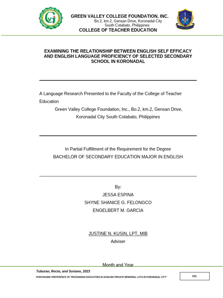 English Proficiency and Self-Efficacy in Koronadal | PDF | Self ...