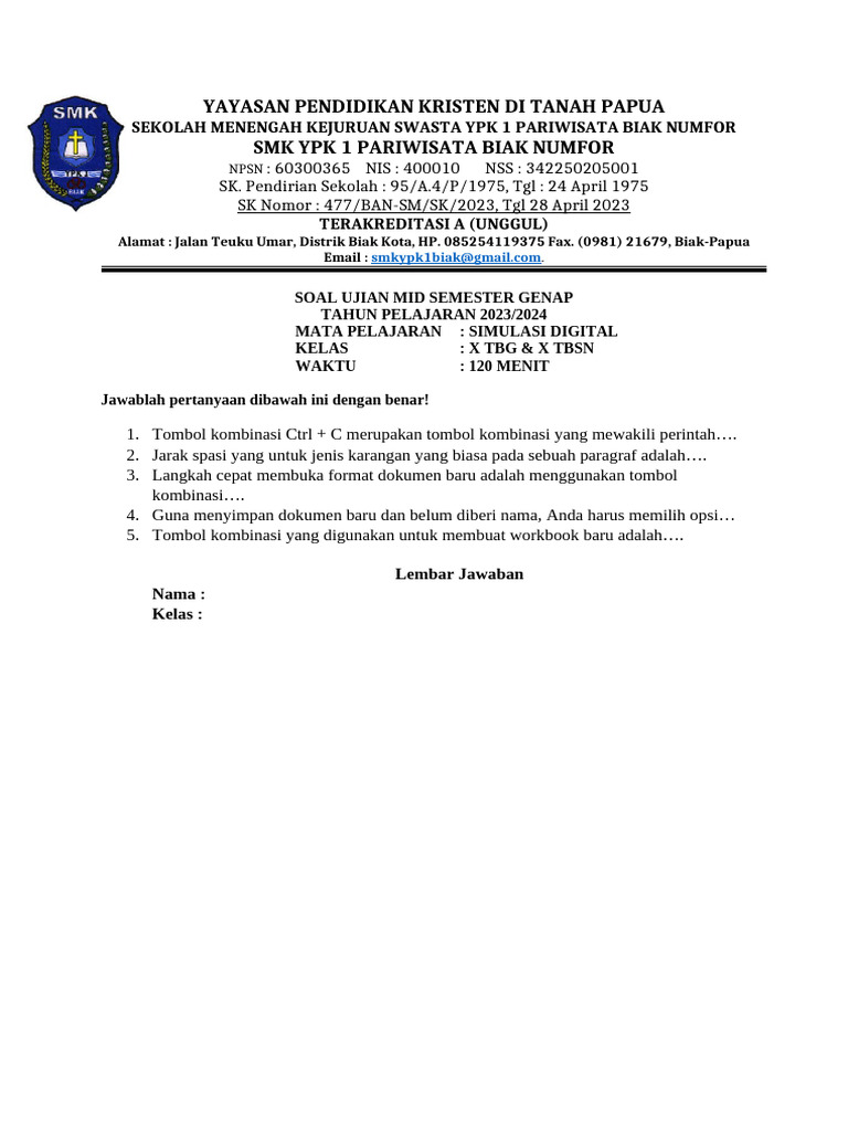 Soal Ujian Mid Semester Genap 20232024 | PDF