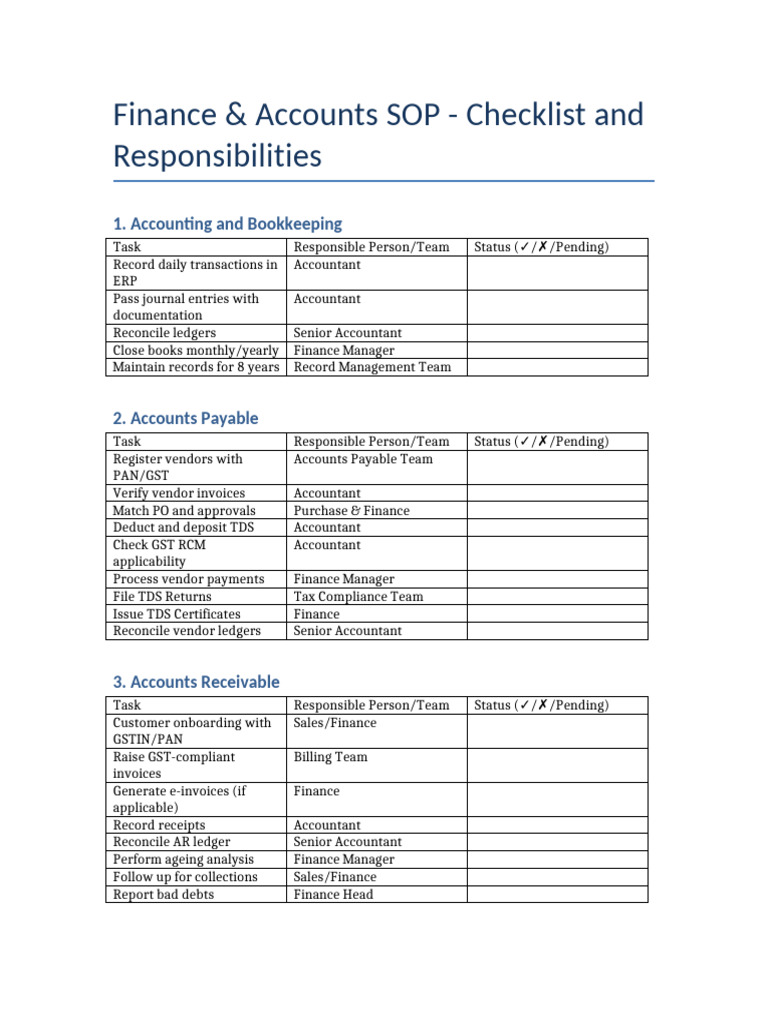 SOP Finance Checklist Responsibility | PDF | Accounts Payable | Payroll