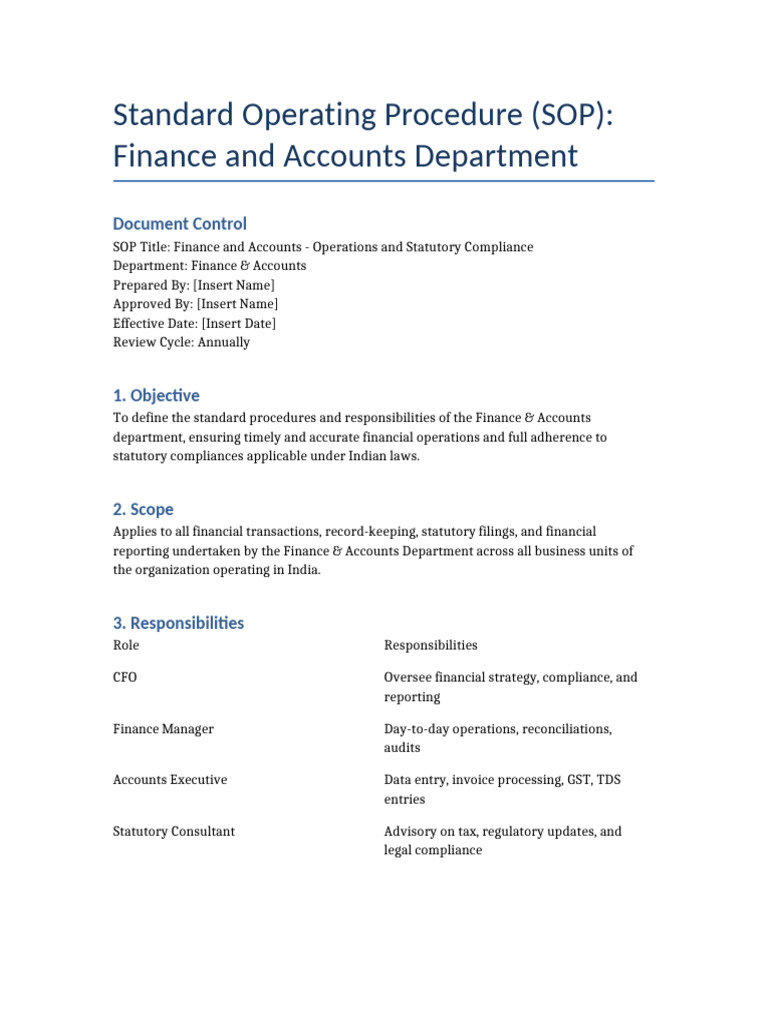 Finance & Accounts SOP for Compliance | PDF | Banks | Invoice