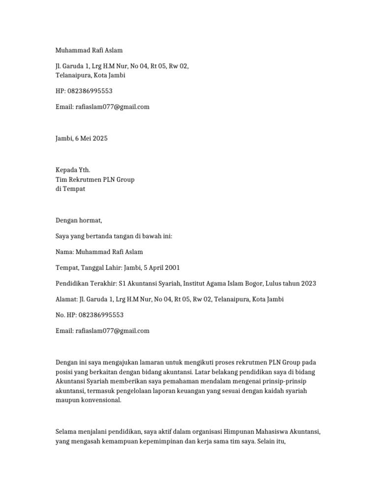 Surat Lamaran Muhammad Rafi Aslam PLN | PDF