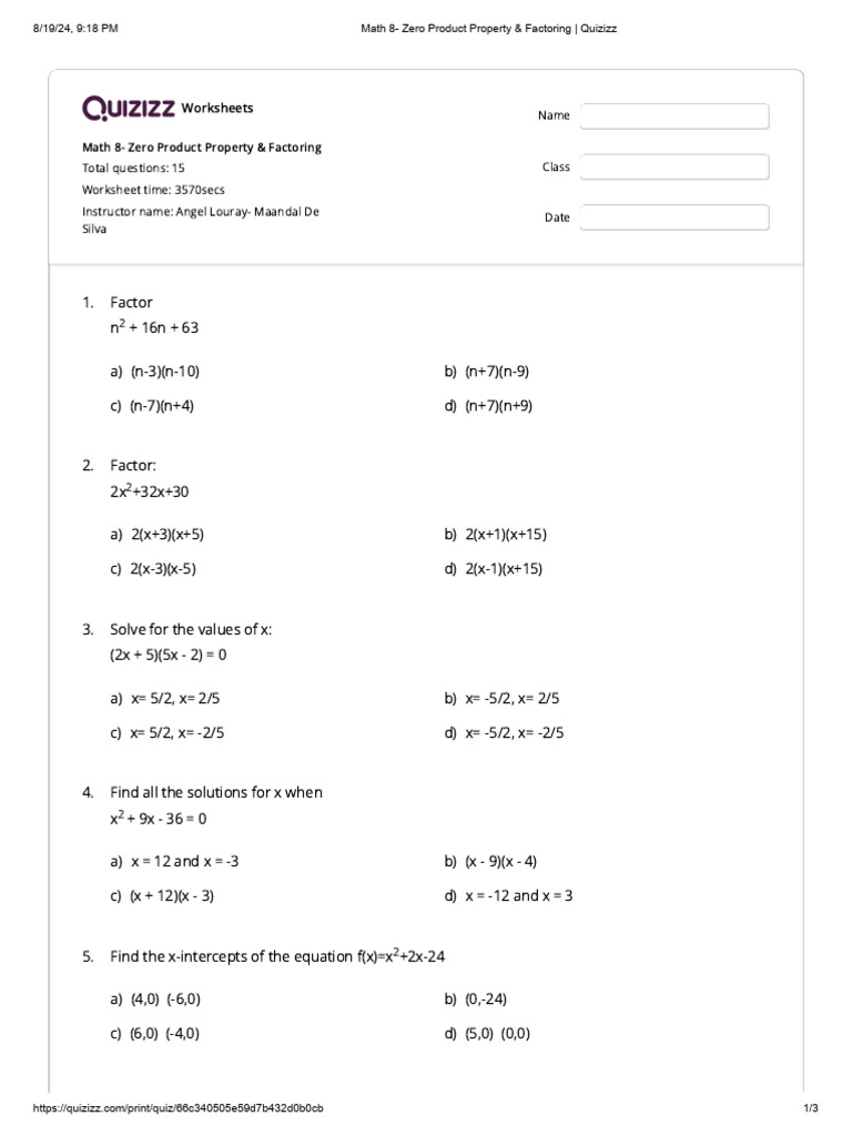 Zero Product Property Practice Worksheet | PDF | Algebra | Mathematics