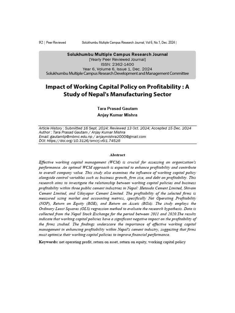 Working Capital Policy's Impact on Profitability | PDF | Working ...