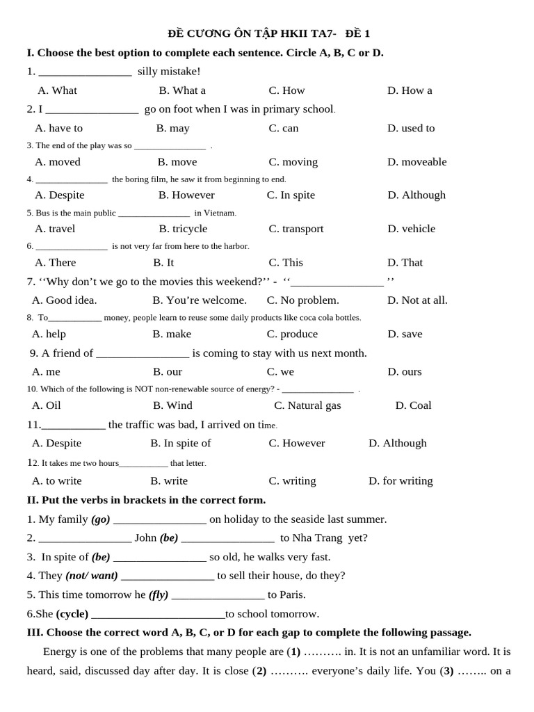ĐỀ CƯƠNG HKII TA 7A-7B-7C-7G | PDF | Potential Energy