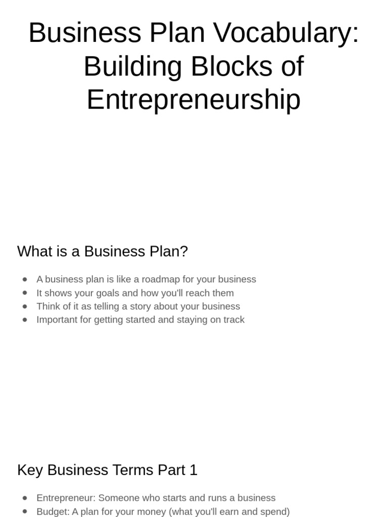 Business Plan Vocabulary_ Building Blocks of Entrepreneurship | PDF