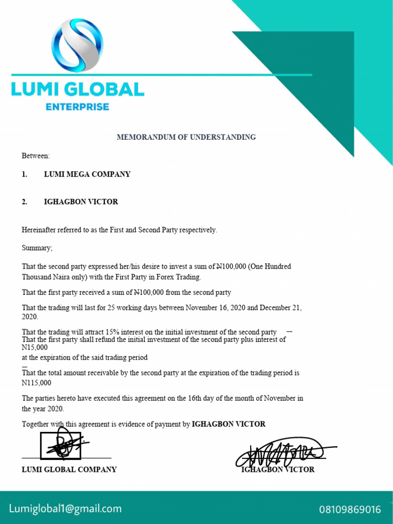 Lumi Global Enterprise MOU VICTOR | PDF
