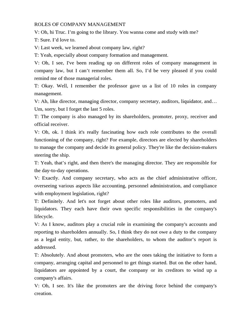 Roles of Company Management | PDF | Liquidation | Business Economics